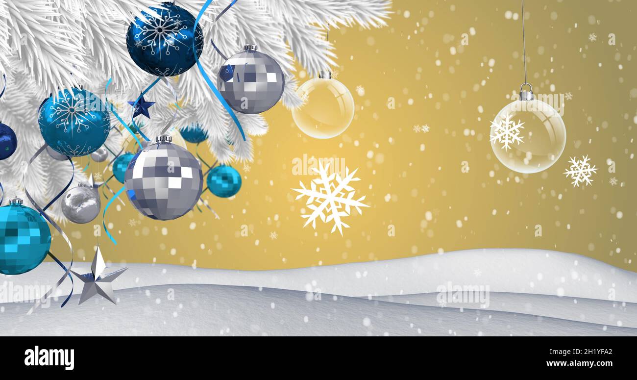 Falling Snow And Xmas Baubles