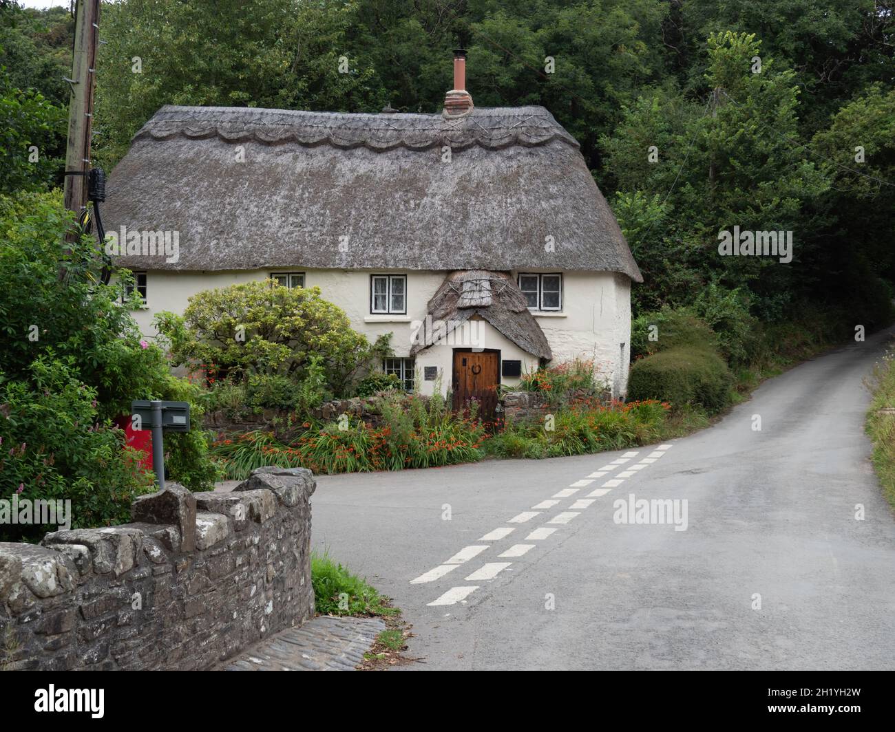 DEVON, ENGLAND - AUGUST 16 2021: A typical Devonshire thatched cottage ...