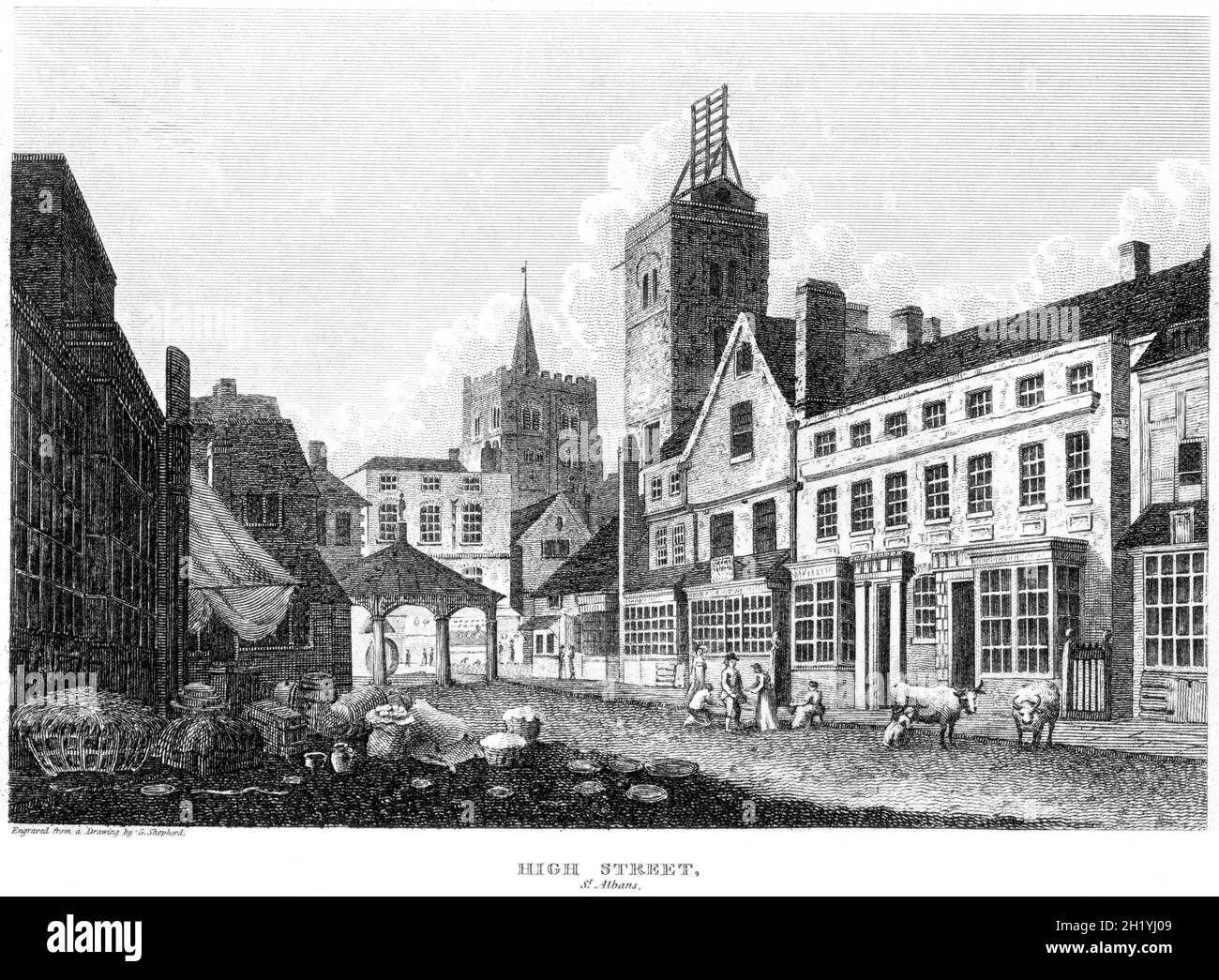 An engraving of the High Stree, St Albans Herts UK scanned at high ...