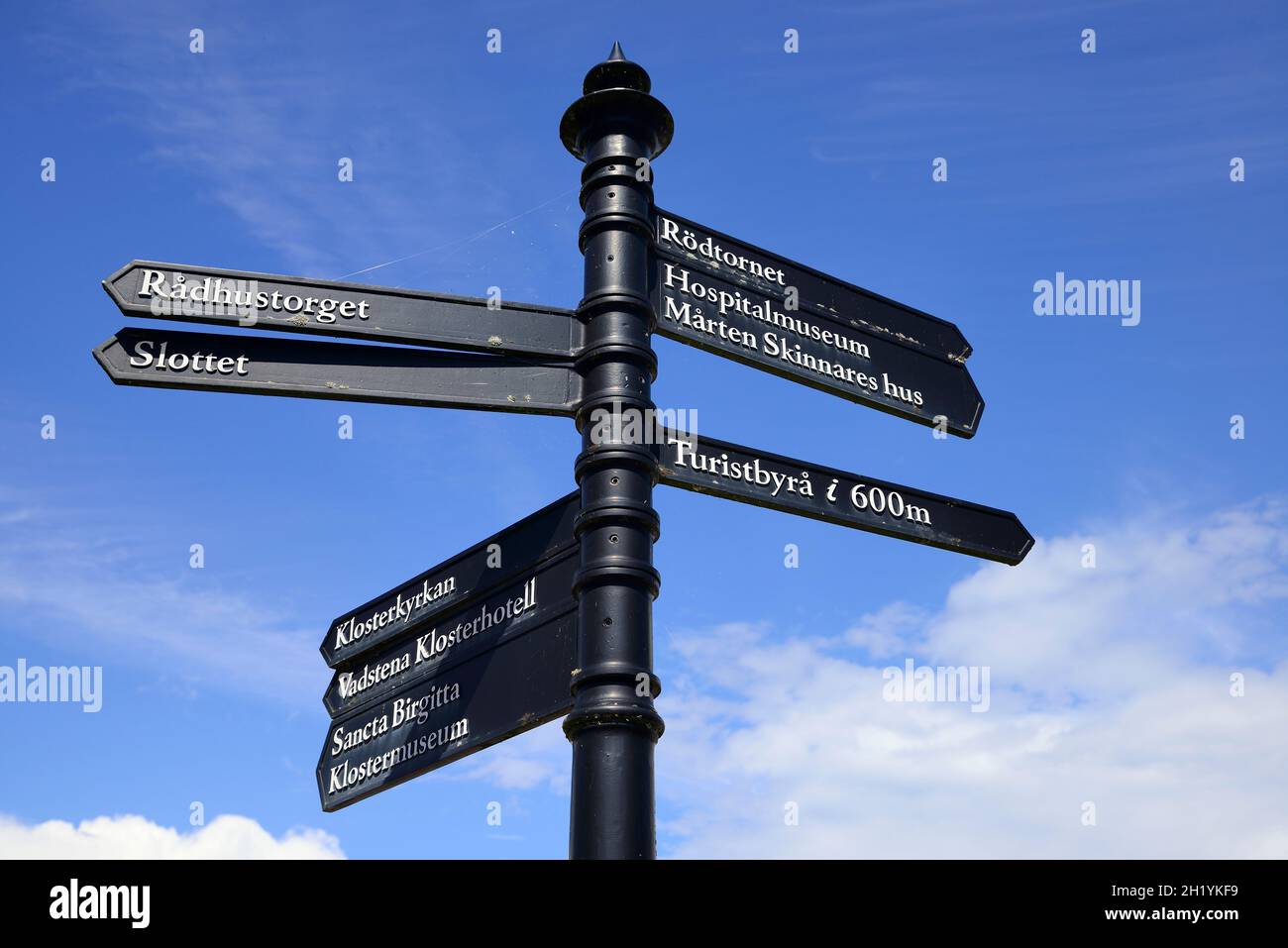 Direction Pole In Vadstena, Sweden Stock Photo - Alamy