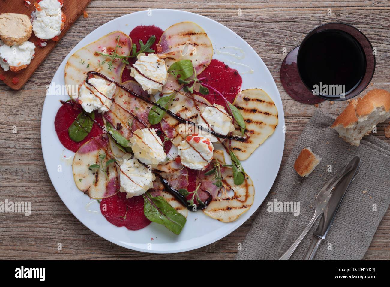 Beetroot carpaccio with grilled fruit, goat's cheese and maple syrup ...