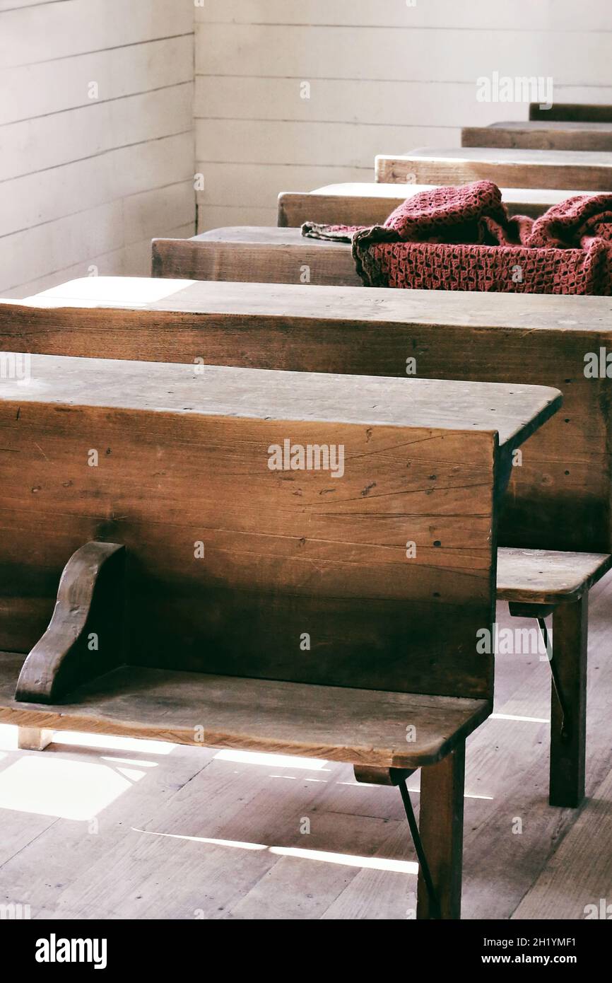 Vertical shot of the interior of a historic one-room school house from ...