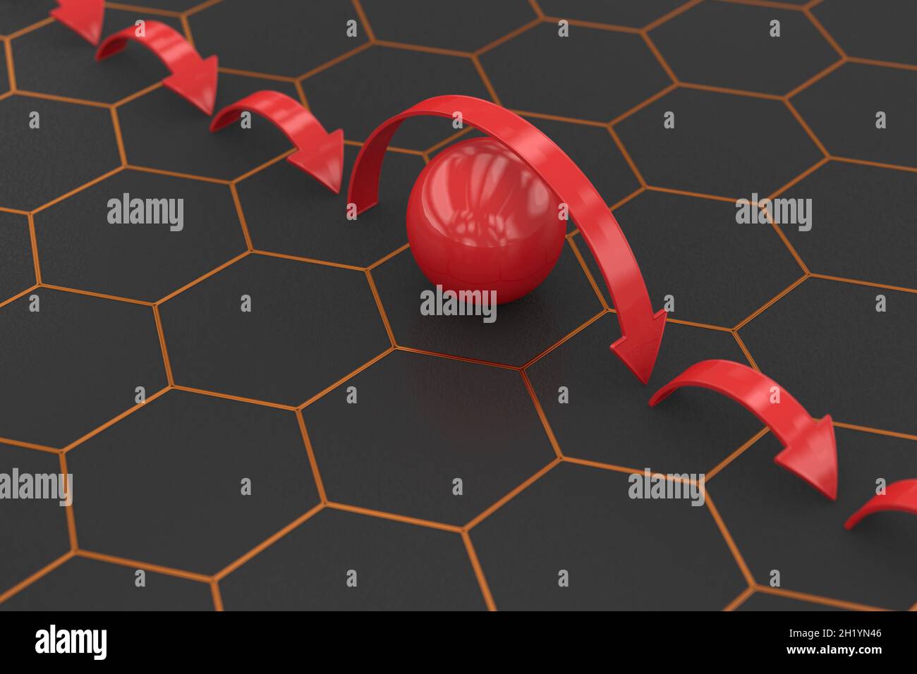 Arrows jumping over red ball on dark background. 3D illustration Stock ...