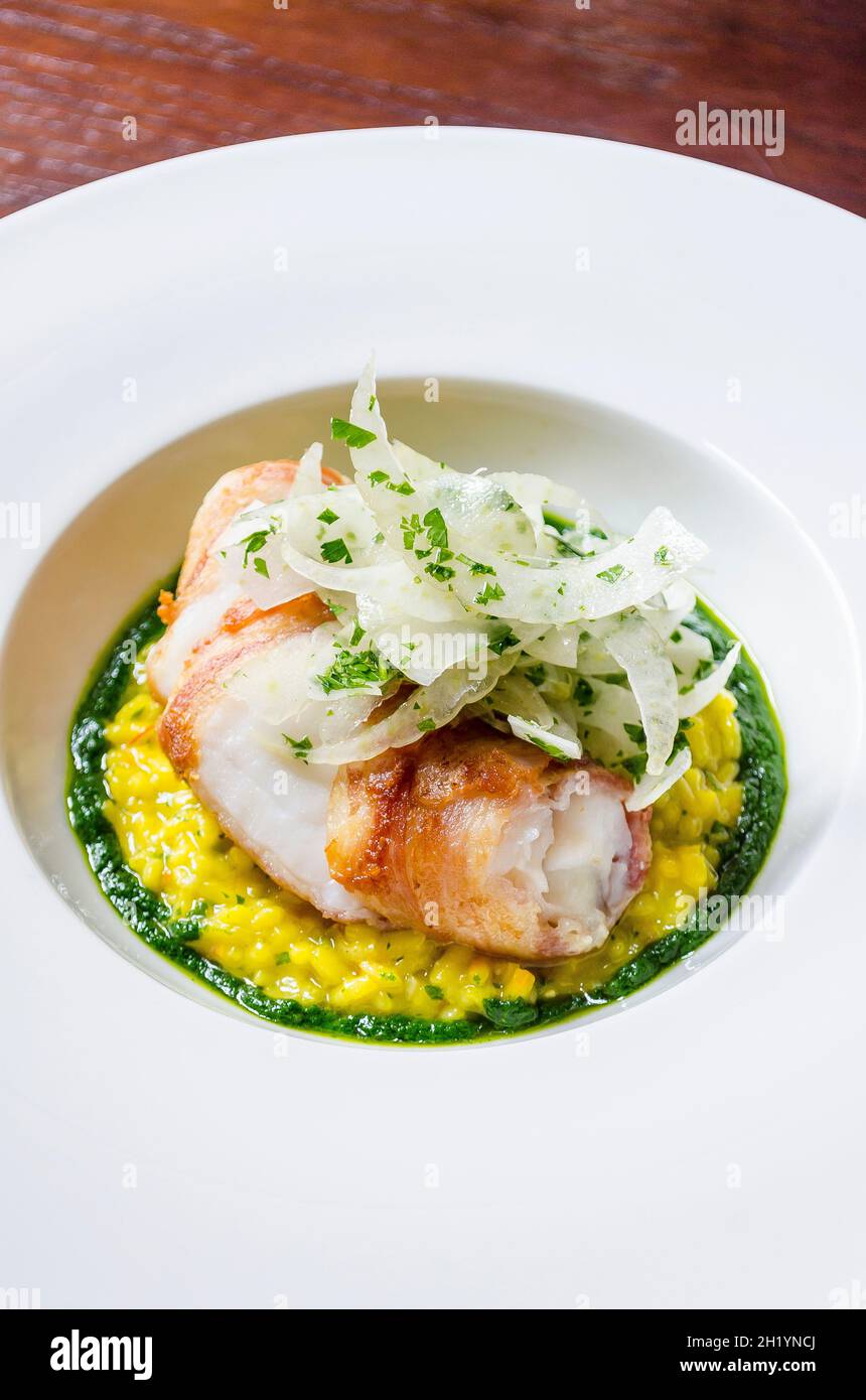 Sea bass fish fillet fricasee on a saffron risotto with wild fennel ...