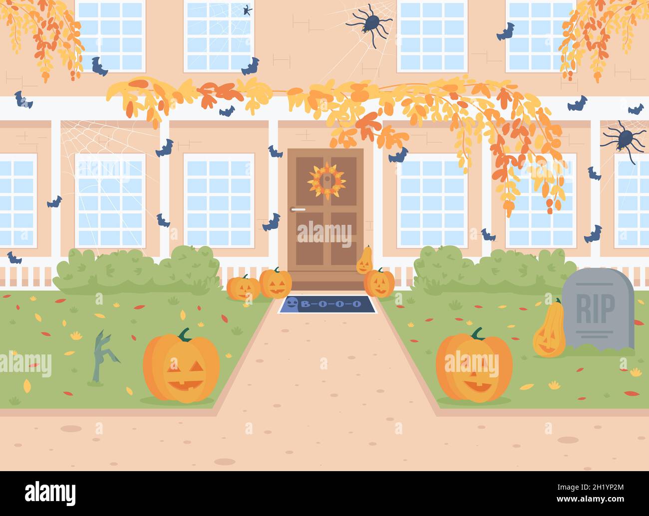 Halloween day house front flat color vector illustration Stock Vector ...