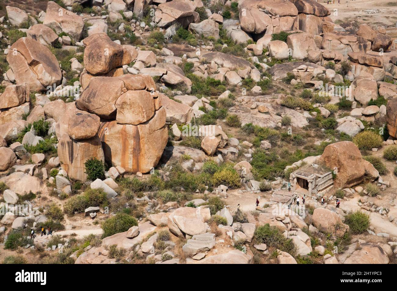 View from above of the ruins of an ancient temple in Hampi, India, with ...
