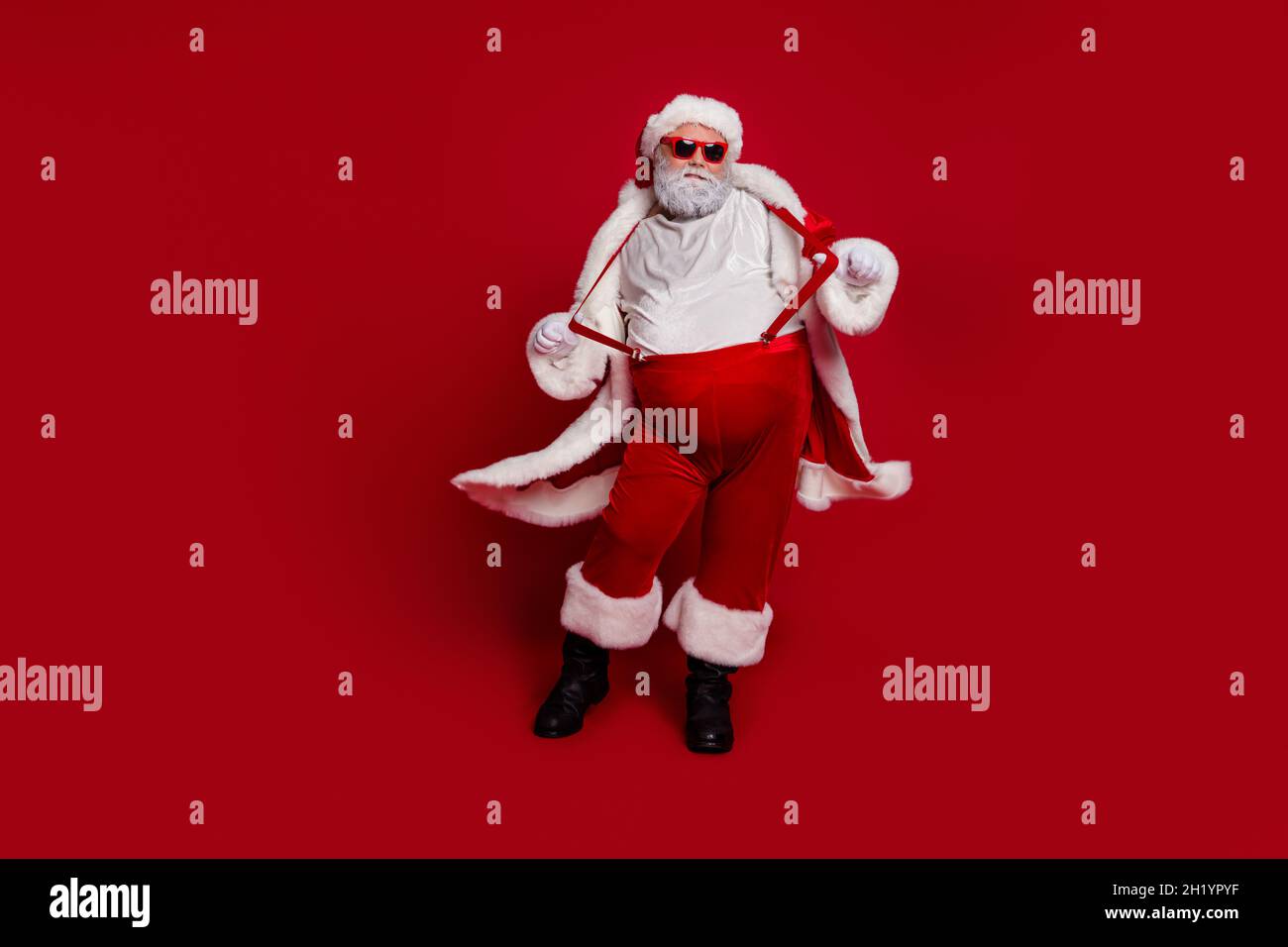 Full body photo of cool overweight santa wear suspenders hat eyewear ...