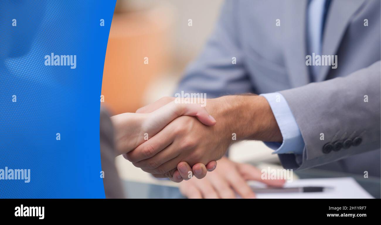 Composition of businessmen shaking hands with blue mesh border Stock ...