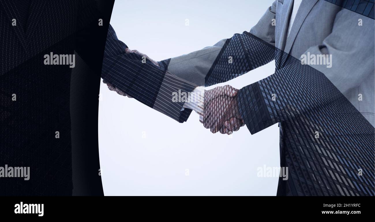 Animation of businessmen shaking hands with black border and modern ...