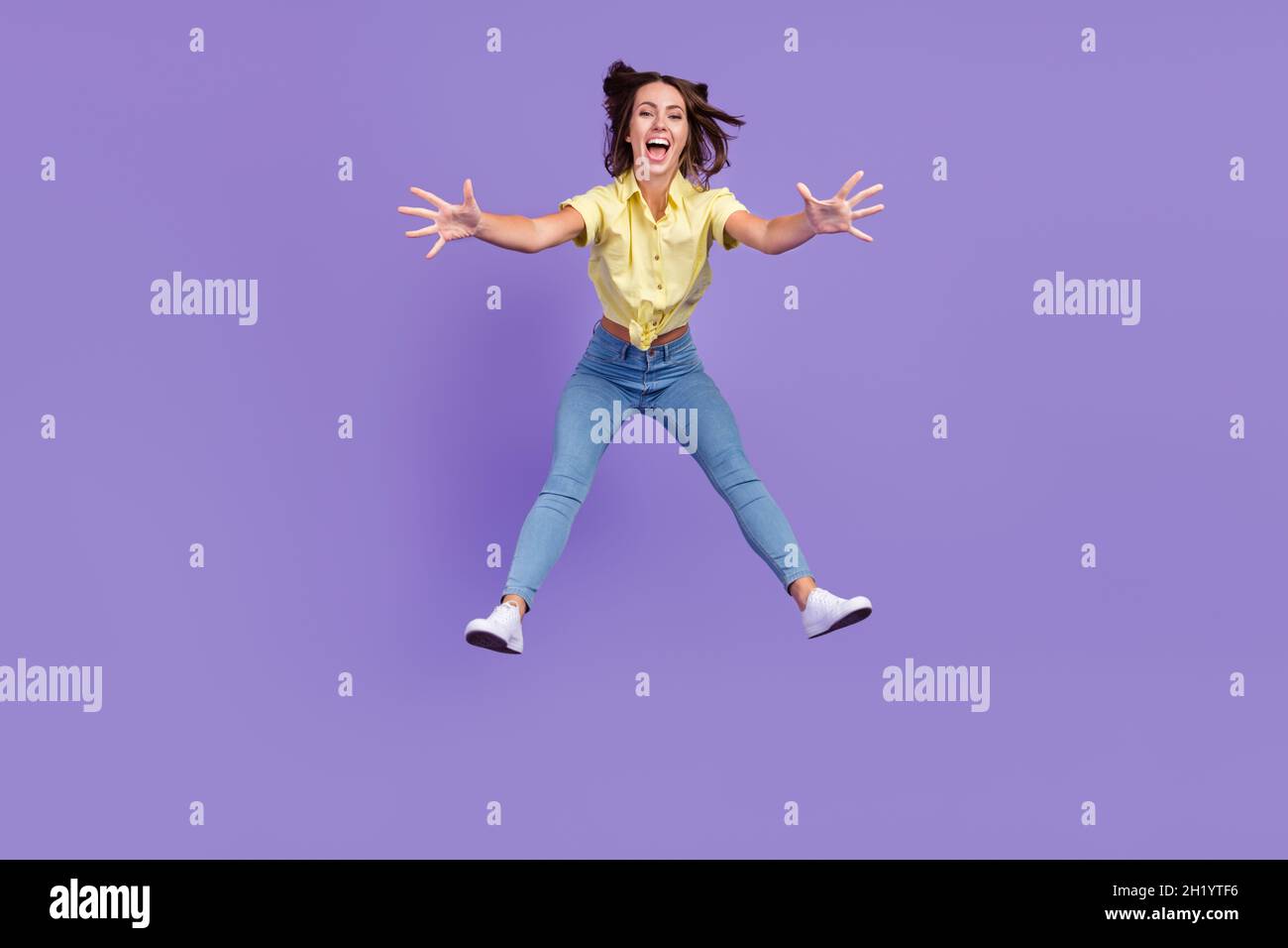 Full Size Photo Of Impressed Millennial Brunette Lady Falling Down Wear