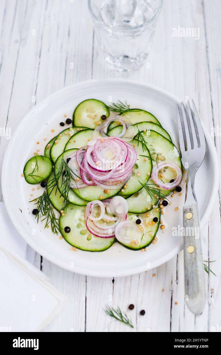 Cucumber carpaccio with red onions and dill Stock Photo - Alamy