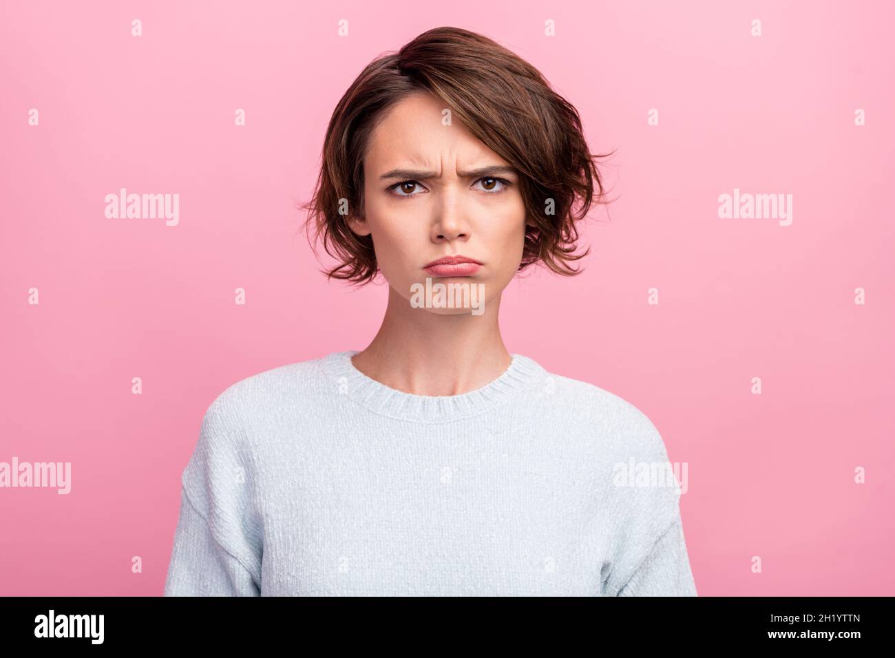Photo of frustrated grumpy sad lady puffed cheeks lips wear blue ...
