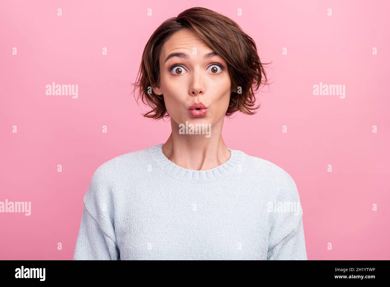 Photo of crazy shocked funny lady omg reaction look camera wear blue ...