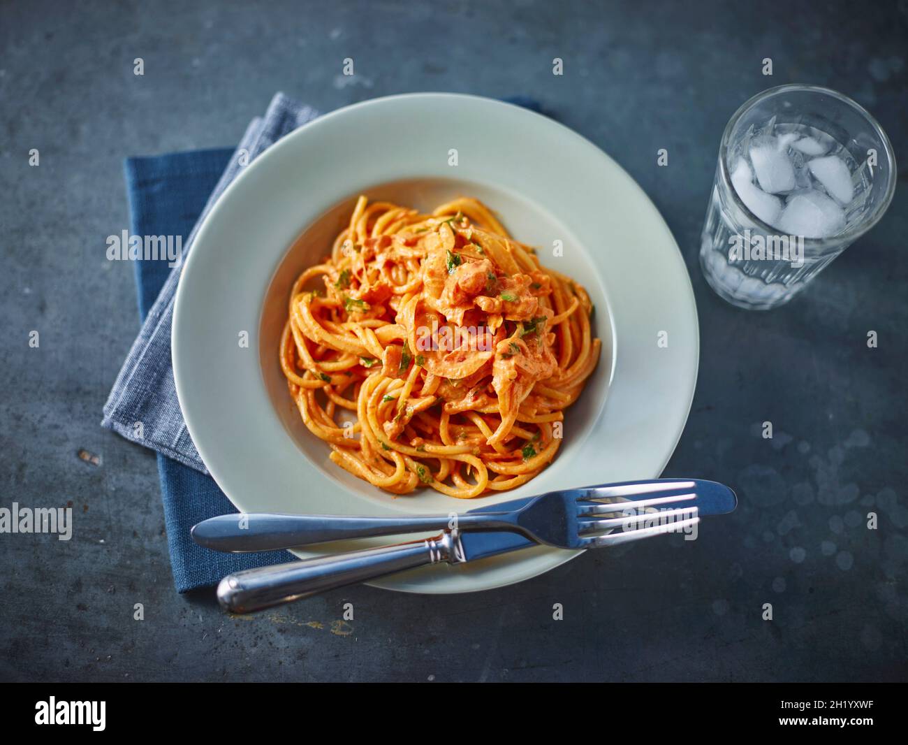 Spaghetti with tomatoes, chilli and bacon (seen from above Stock Photo ...