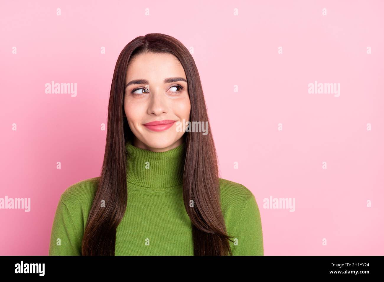 Photo of dreamy happy positive woman look empty space imagine smile ...