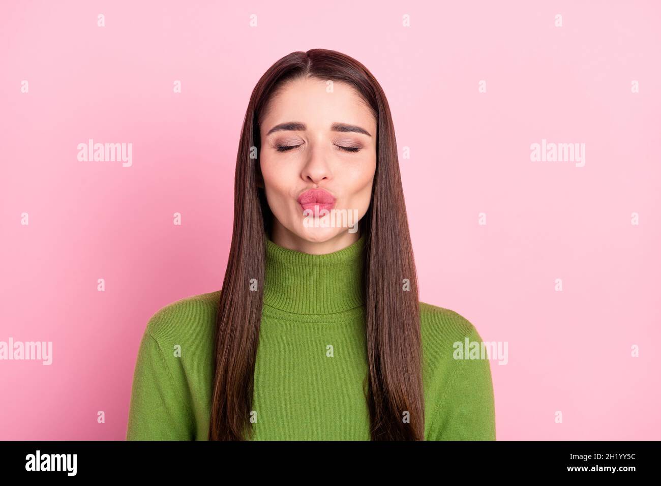 Photo Of Dreamy Young Happy Flirty Woman Send Air Kiss Closed Eyes Good