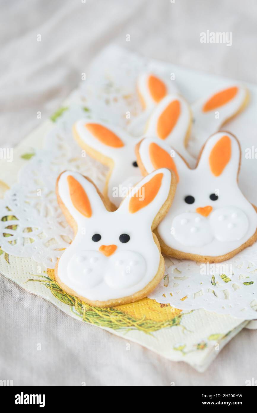 Easter bunny biscuits on a doily Stock Photo - Alamy
