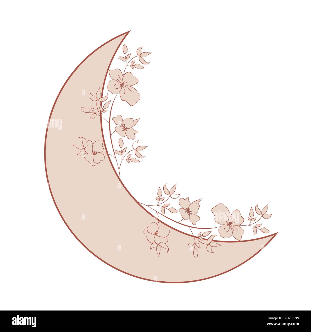 Beautiful romantic crescent moon with rose or peony flowers and leaves ...