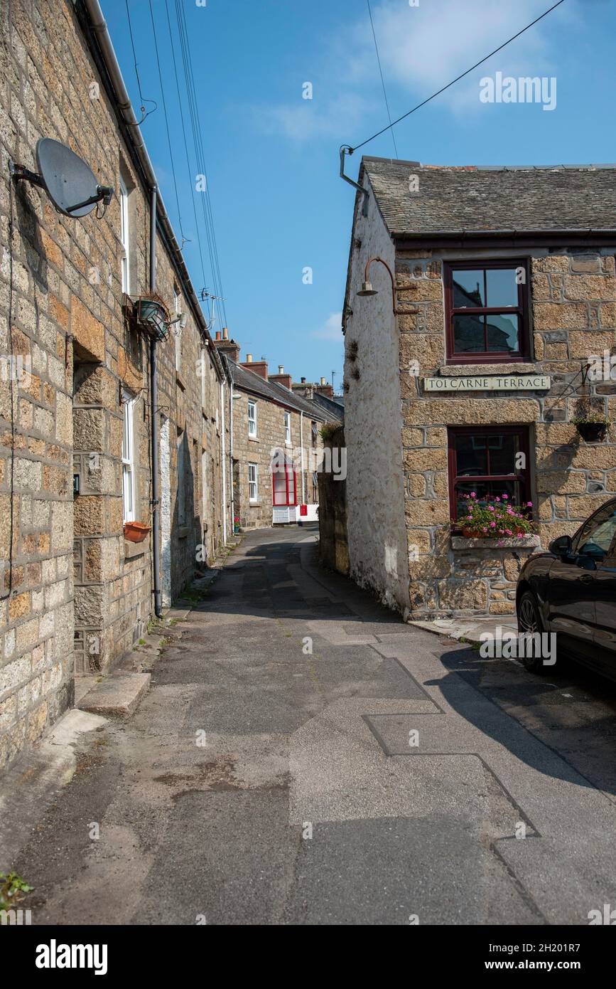 Newlyn, Cornwall, England, UK. 2021. Narrow street in the famous ...
