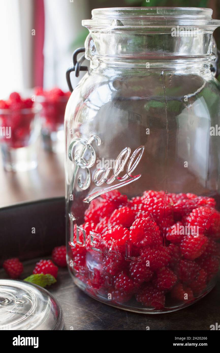 Wild raspberries in an old preserving jar Stock Photo - Alamy