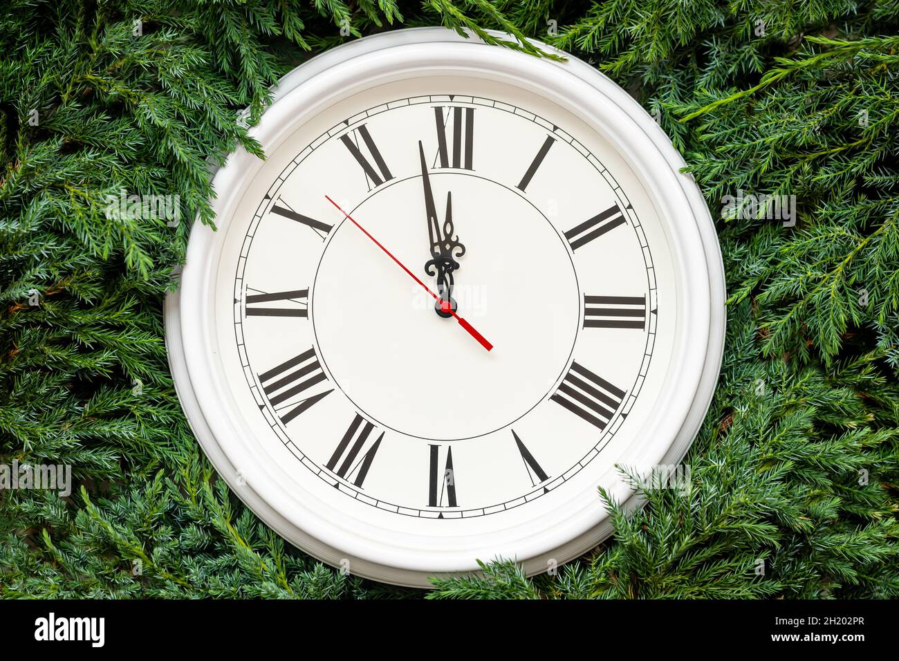 White vintage clock lying on evergreen fir tree branches Stock Photo ...
