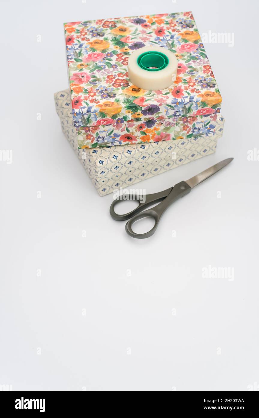 decorated paperboard boxes with lid on top on a white background Stock ...
