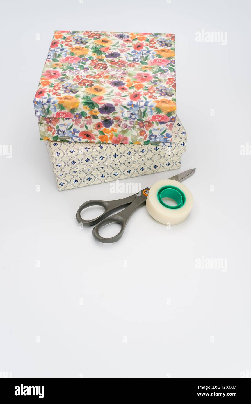 decorated paperboard boxes with lid on top on a white background Stock ...