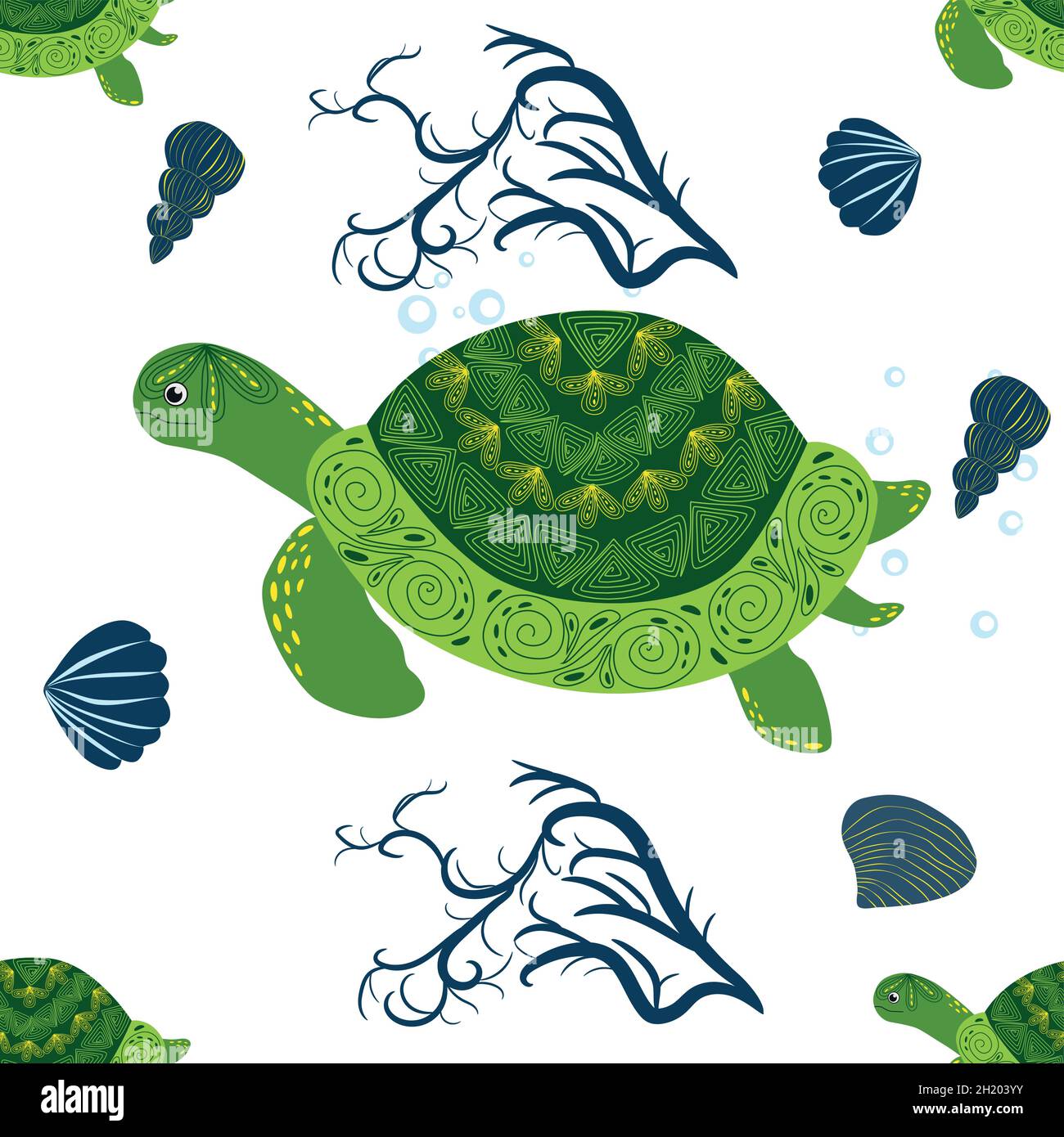Turtle green seamless pattern, beautiful character among seashells ...