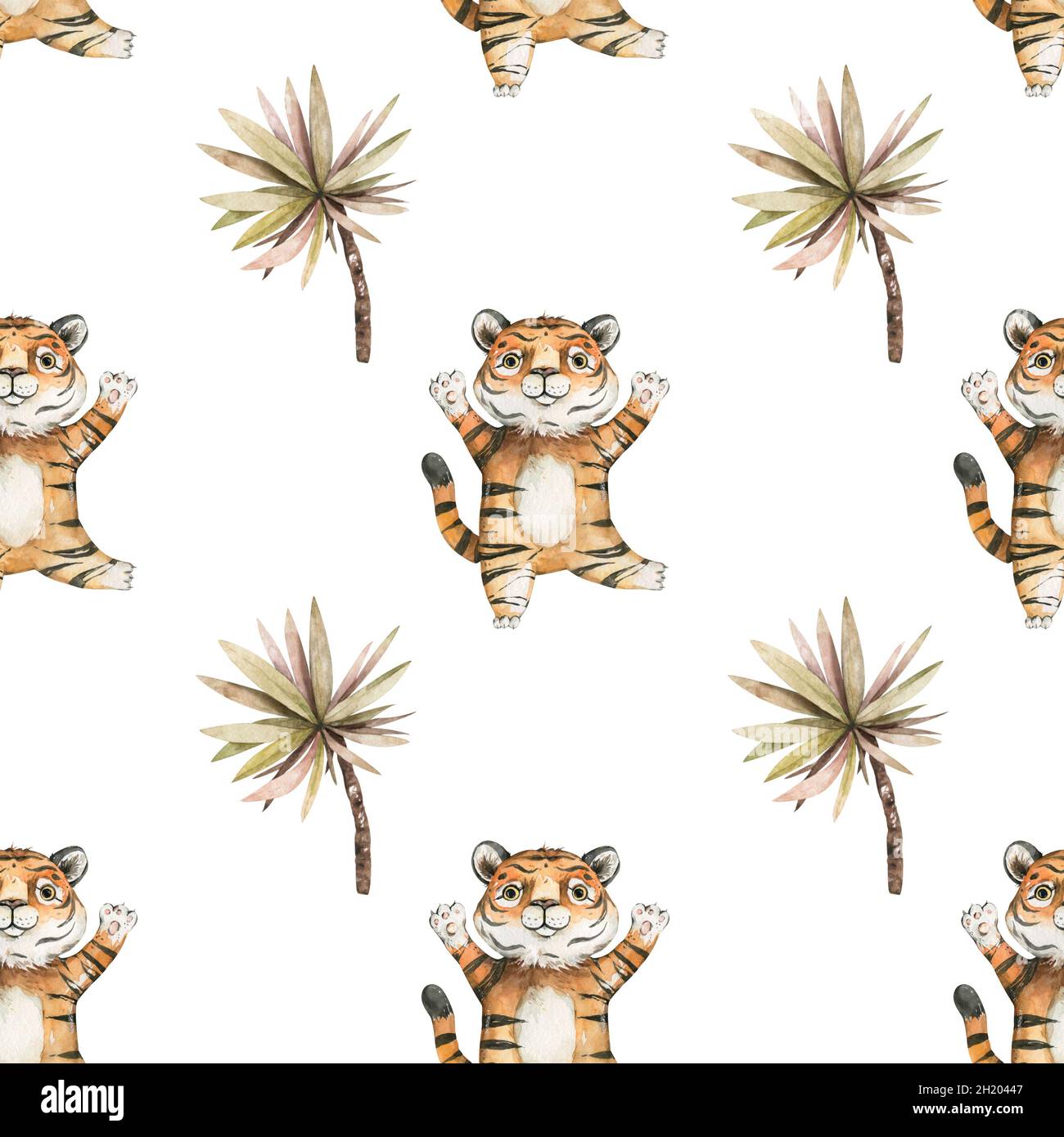 Cartoon cute baby tiger seamless pattern. Hand drawn watercolor ...
