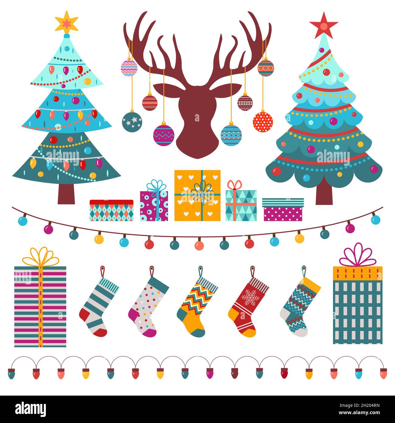 Christmas Decorations Design Elements Set in Flat Stock Vector Image ...