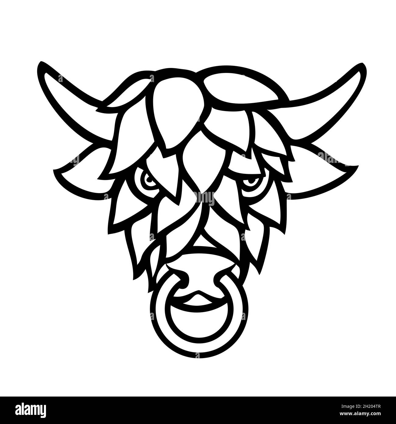 Short Horned Bull Head with Beer Hop Face Front View Mascot Black and ...