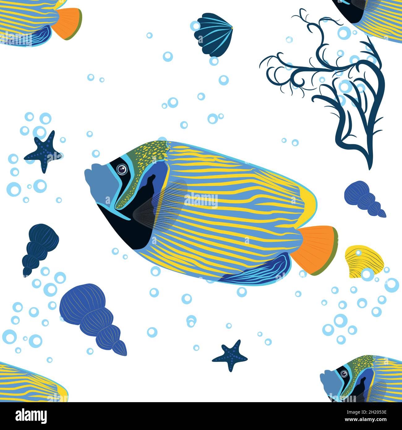 Emperor angelfish, Pomacanthus imperator seamless patterns, sea animal ...