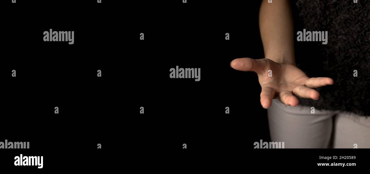Woman hand with palm up giving the help, helping hand banner with black ...