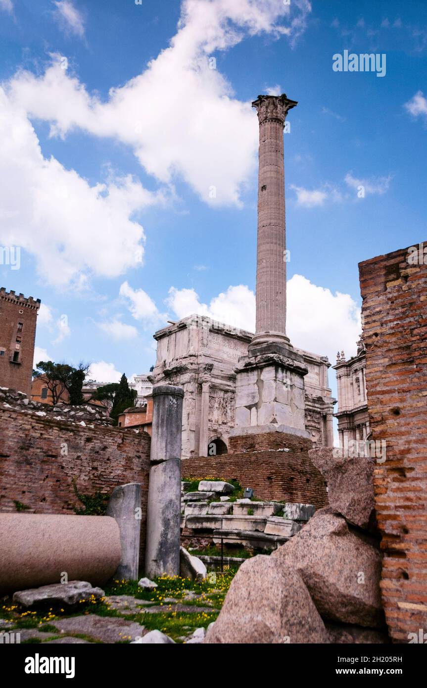 Standing tall among the ruins of the Roman Forum in Italy, the Column ...