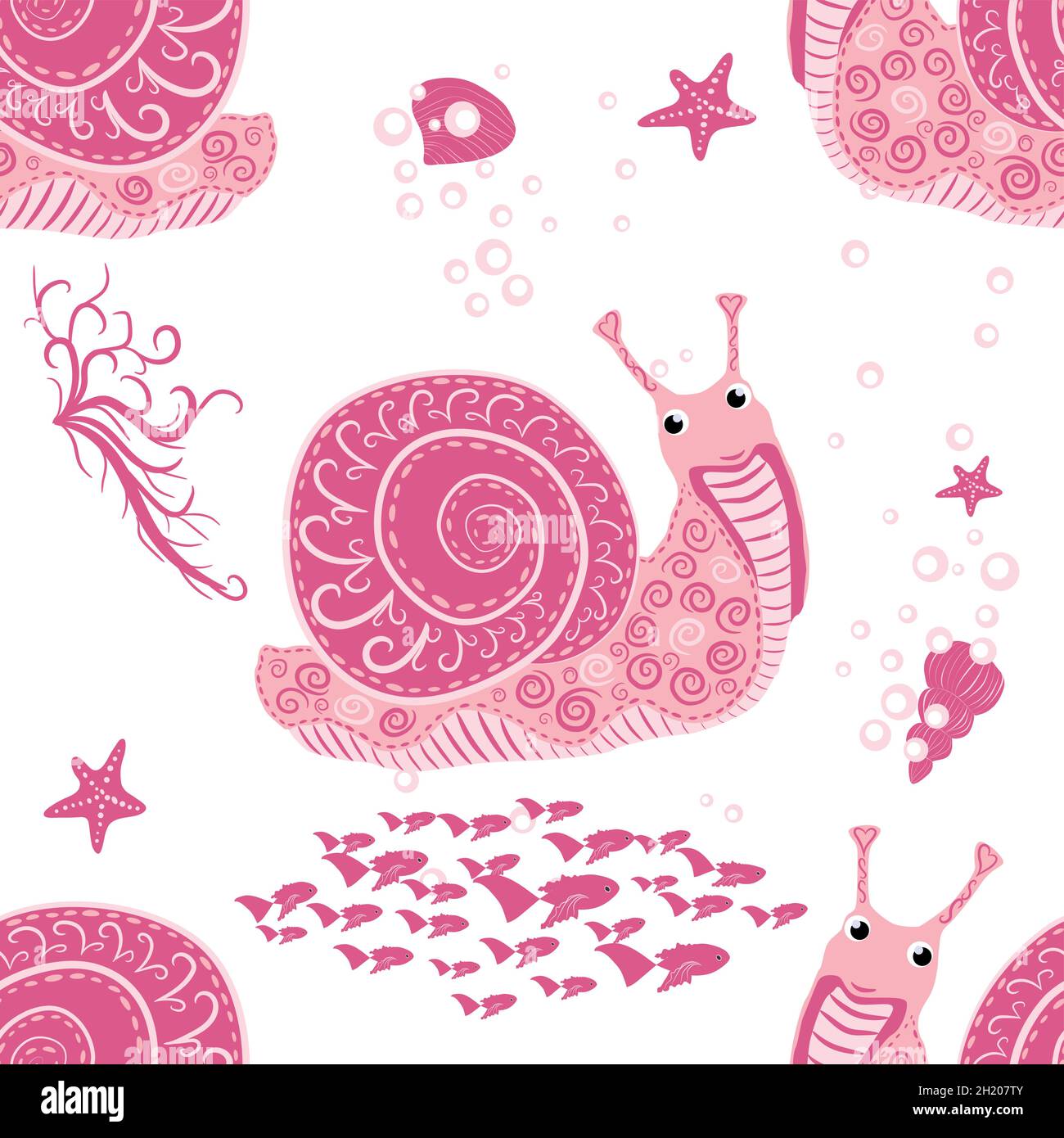 Snail pink, sea inhabitants seamless pattern, beautiful character among ...