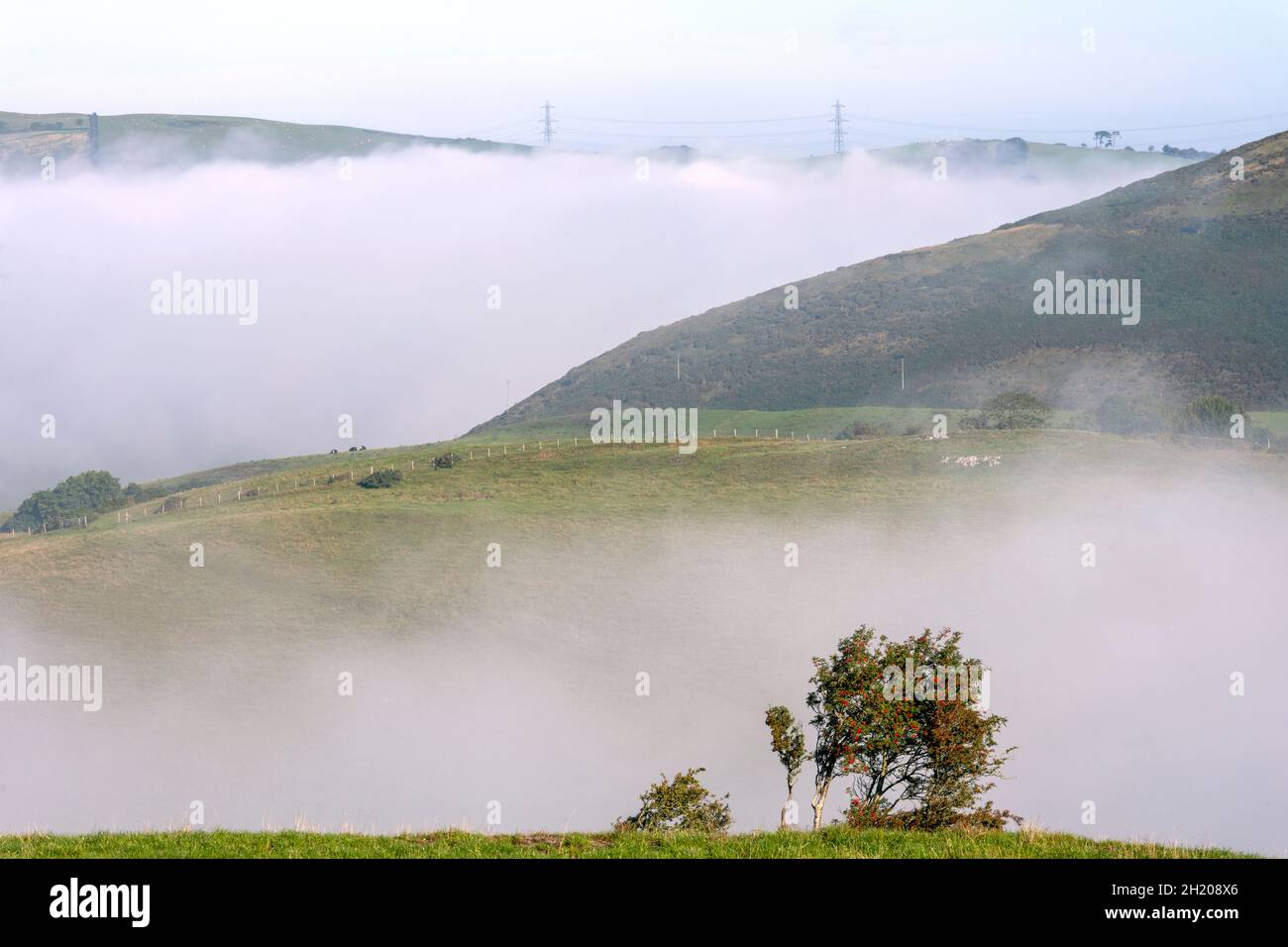 Landscape with very low cloud across the valleys of North Wales, Wales ...