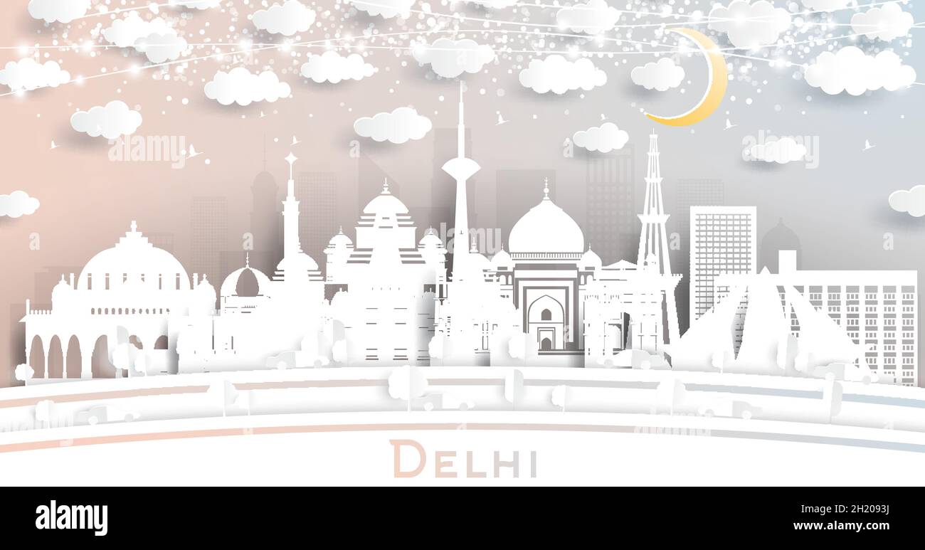 Delhi India City Skyline in Paper Cut Style with White Buildings, Moon ...