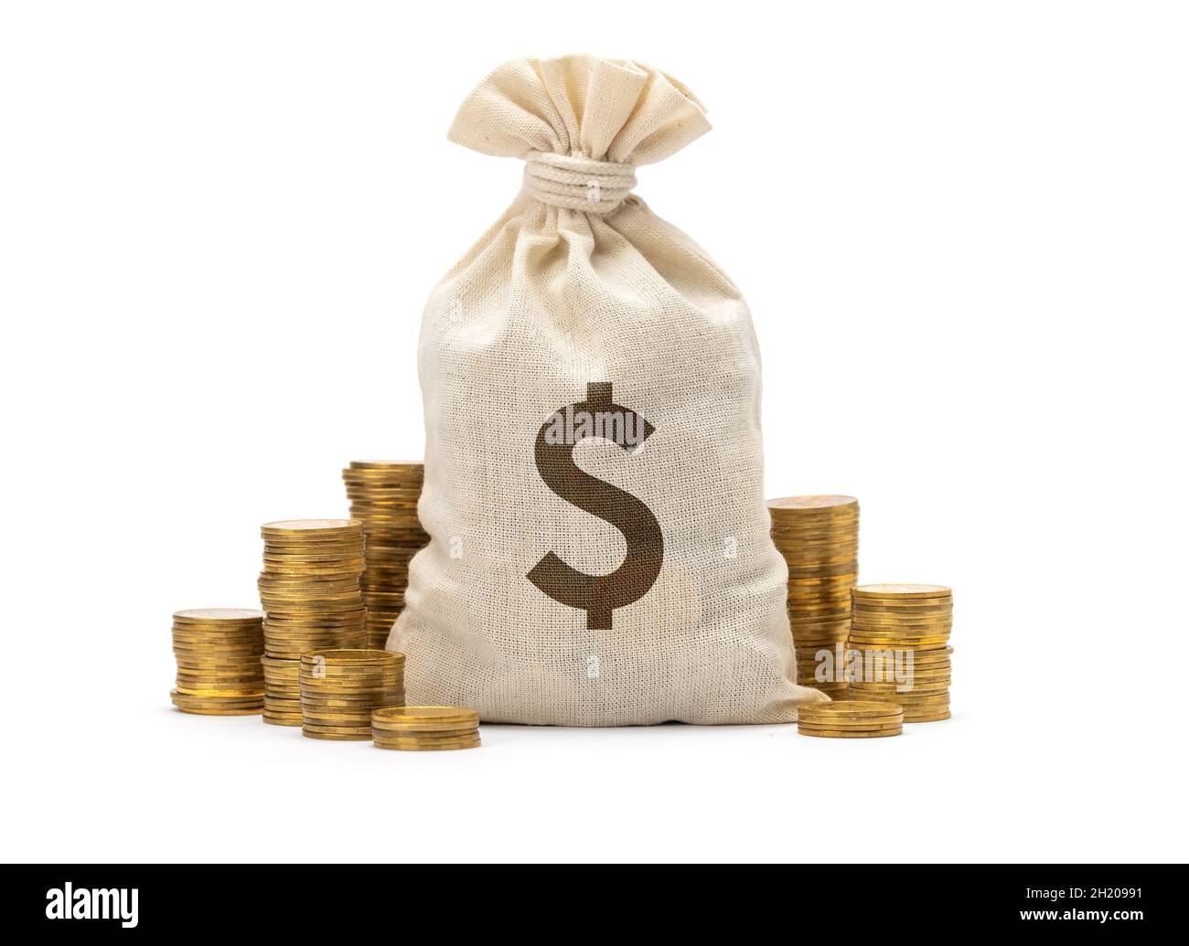 Money bag with dollar sign and stack of coins. isolated on white ...