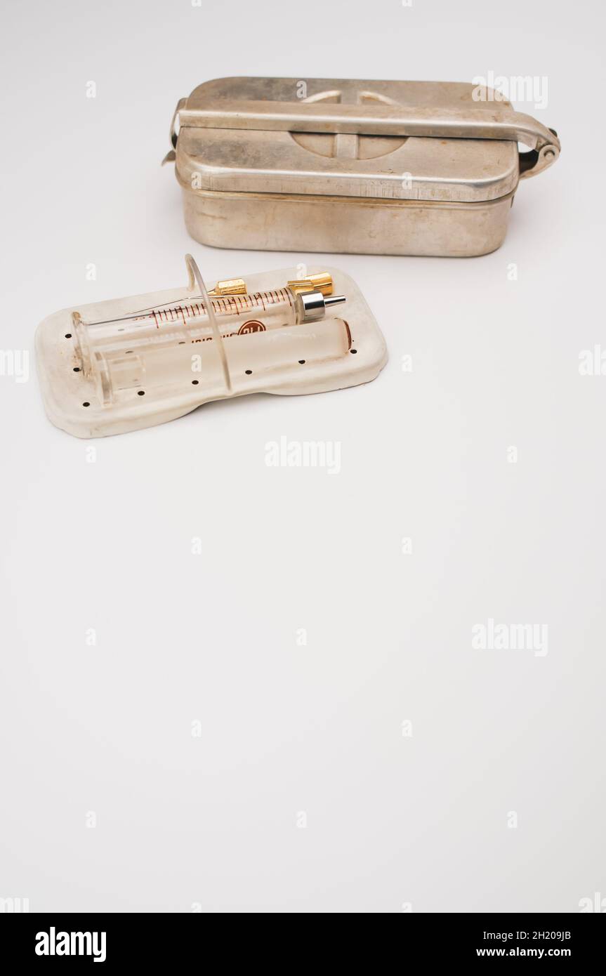 sterilized glass injection syringe in a box on a white surface Stock ...