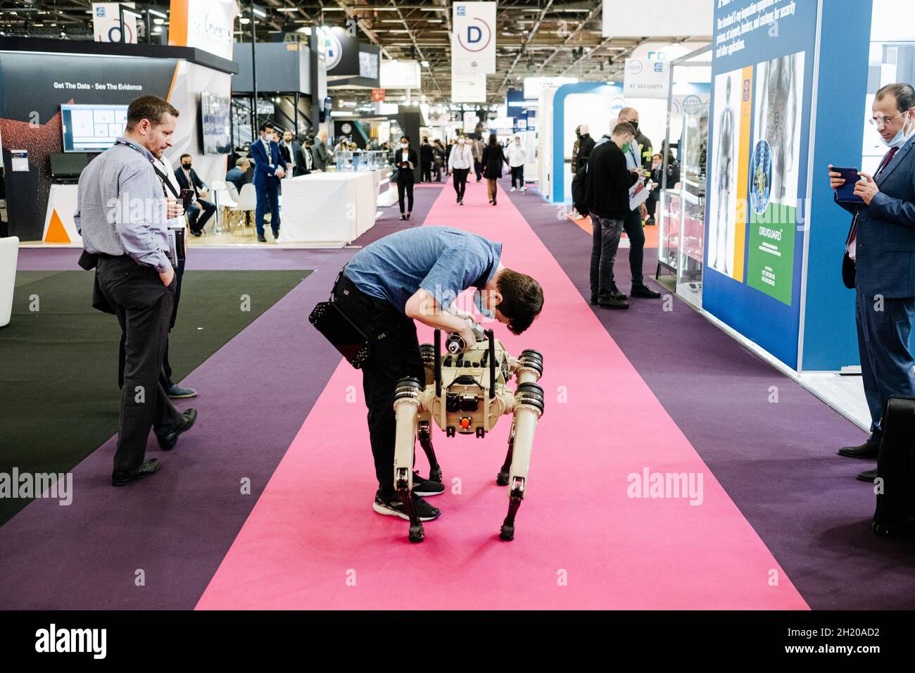 A robotic dog is seen at the Milipol exposition. The Milipol exhibition ...