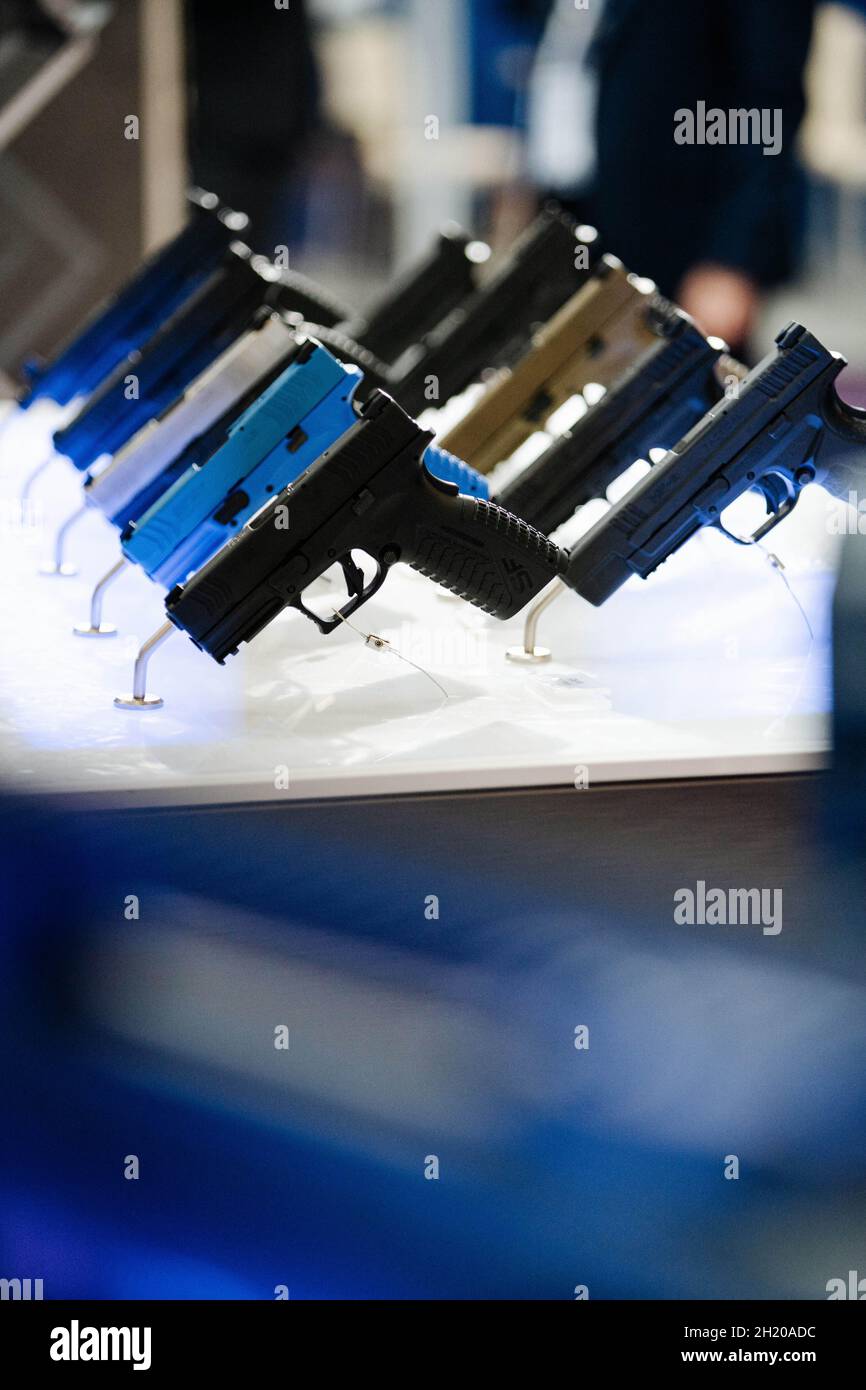 Guns at the Milipol exposition. The Milipol exhibition is an event ...