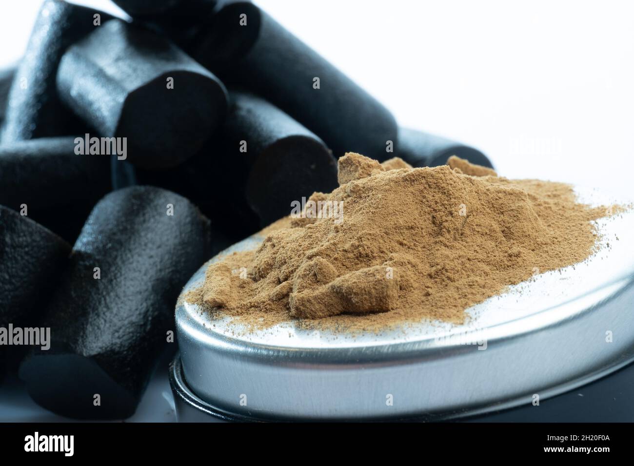 Helsinki / Finland - OCTOBER 19, 2021: Closeup of salmiac powder and a ...