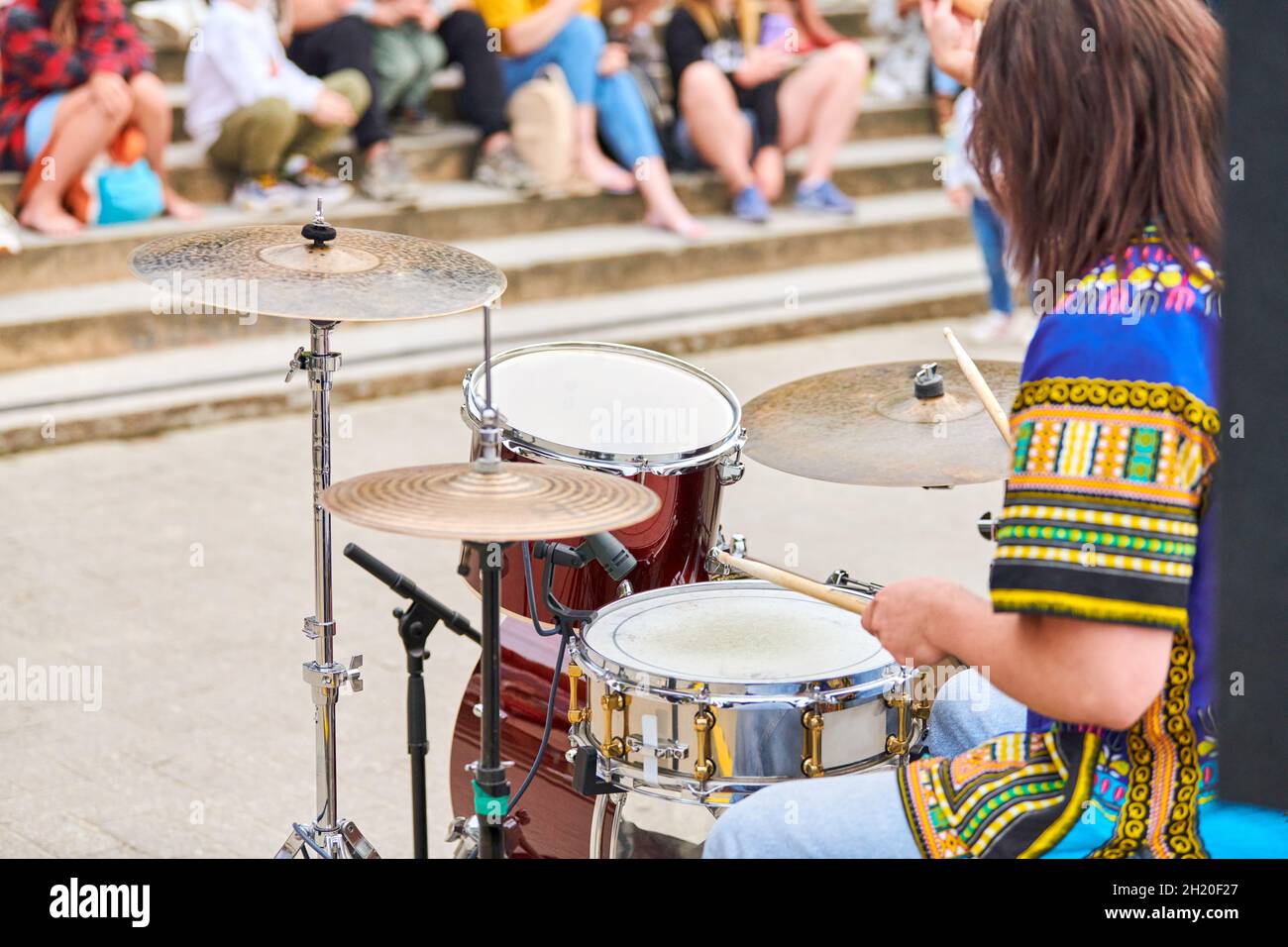 Drummer man playing drums percussion with drumsticks, male hands ...