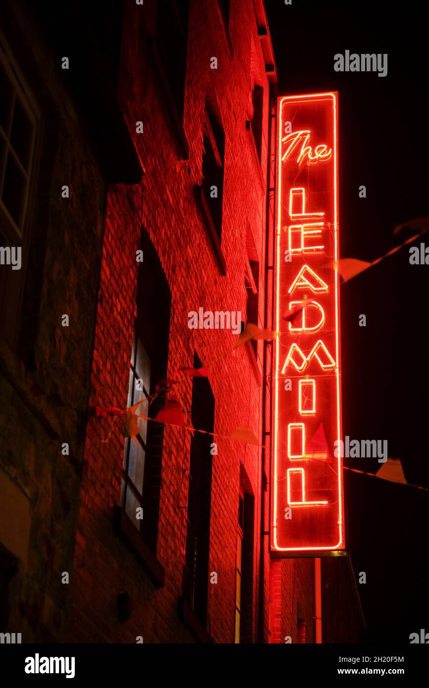 Neon illuminated sign at The Leadmill nightclub, Sheffield England ...