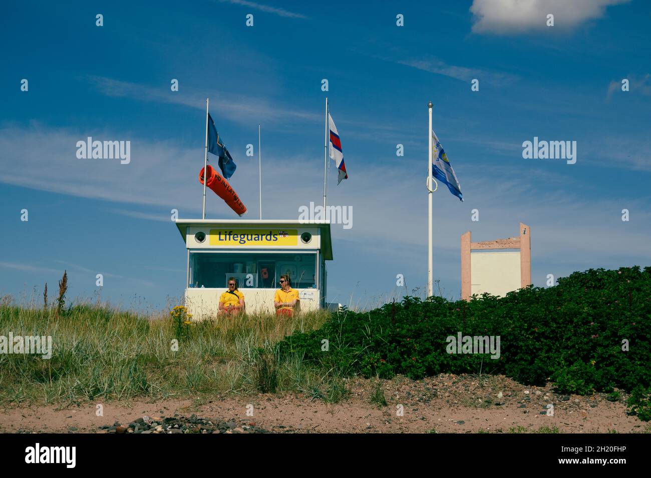 Two RNLI lifeguards at the lifeguard station on Leven beach Fife ...