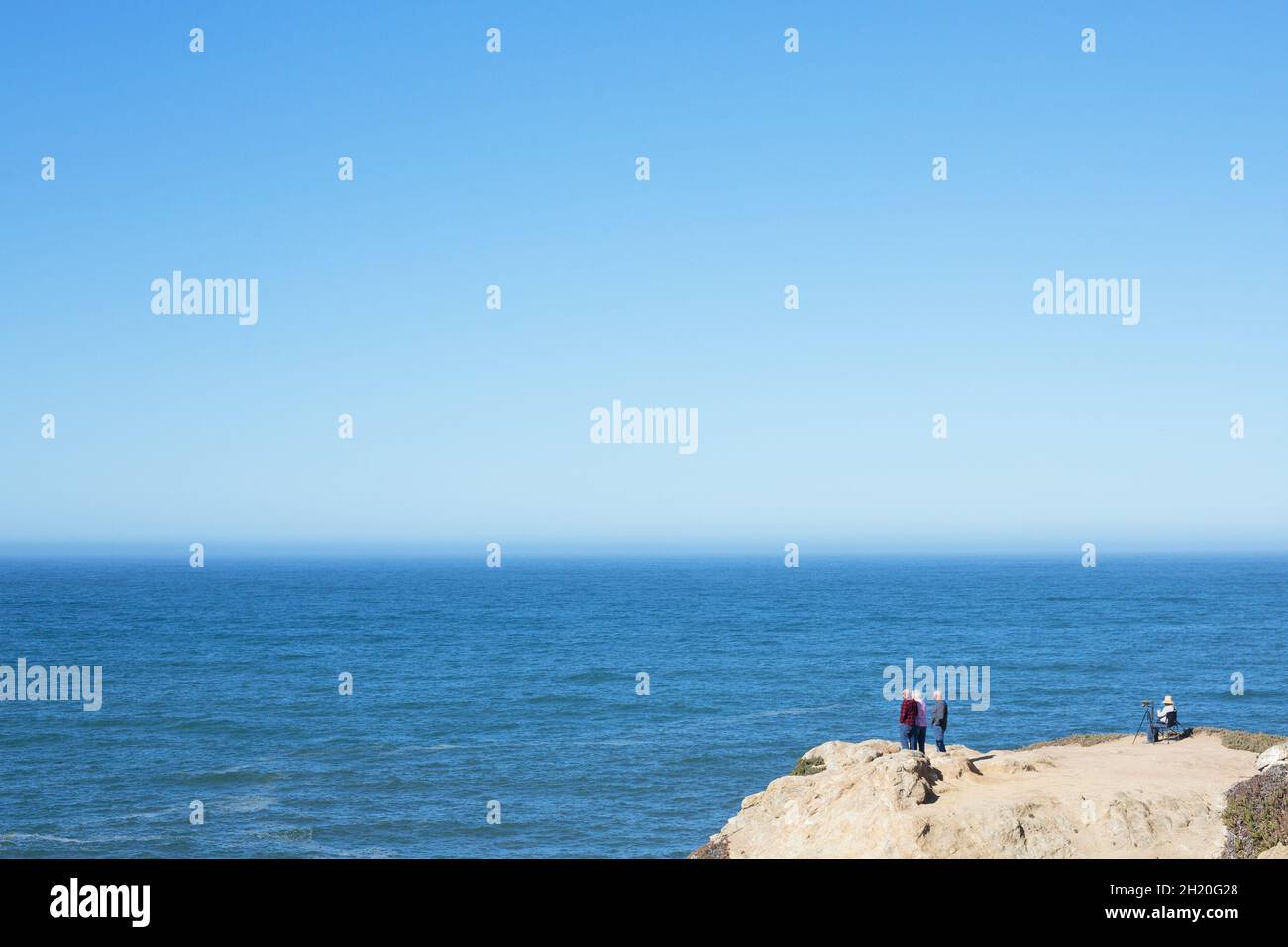 People standing on a cliff looking out over the ocean at Bodega Head in ...