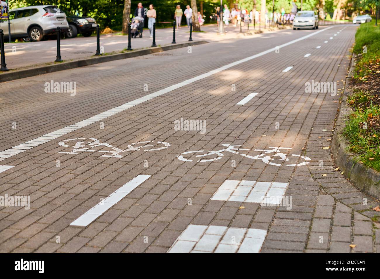 Two way cycle path and traffic car, marking bike path, white painted ...