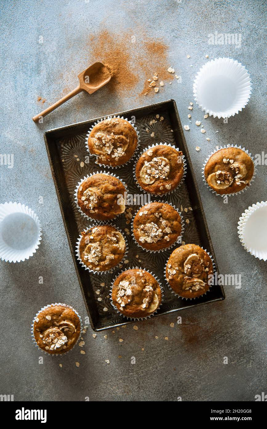 Breakfast banana and prune muffins with cinnamon and oats Stock Photo ...
