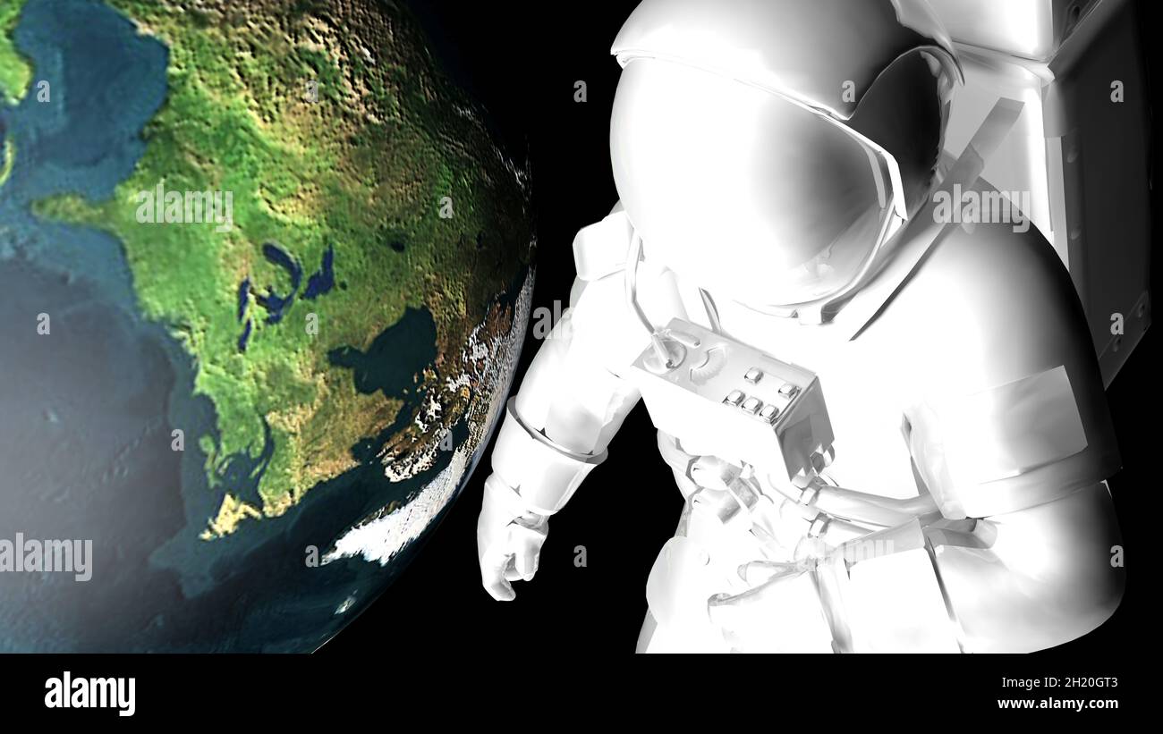 Astronaut in open space with planet earth behind him - 3D rendering ...