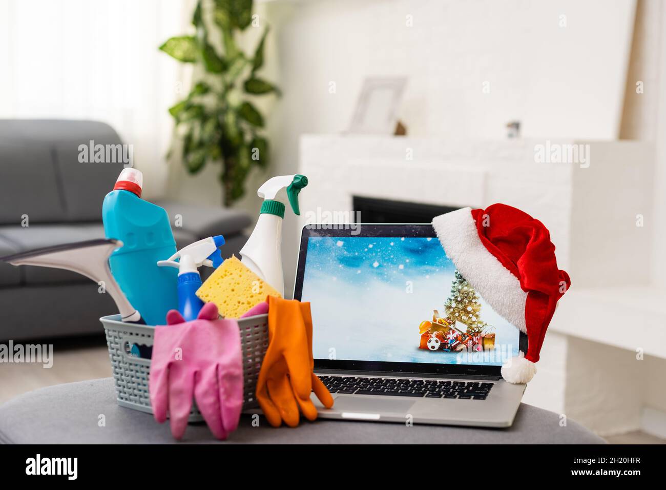 Christmas cleaning. Christmas shopping. Cleaning tools and Christmas ...